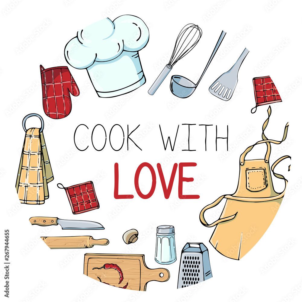 Hand drawn illustration with Kitchen Utensils. Actual vector drawing of ...