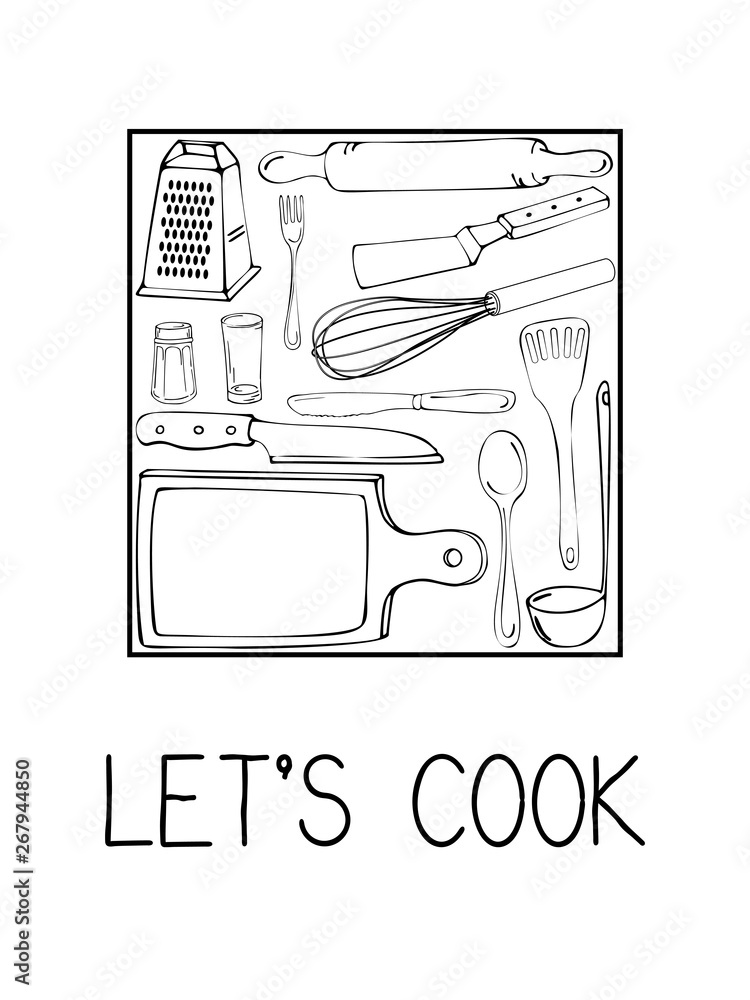 Hand drawn illustration with Kitchen Utensils. Actual vector drawing of ...