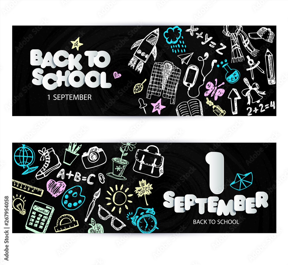 Back to school promo banner design. Vector black chalkboard background ...