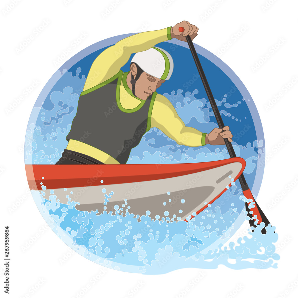 whitewater canoeing male canoeist with water rapids in a circular ...