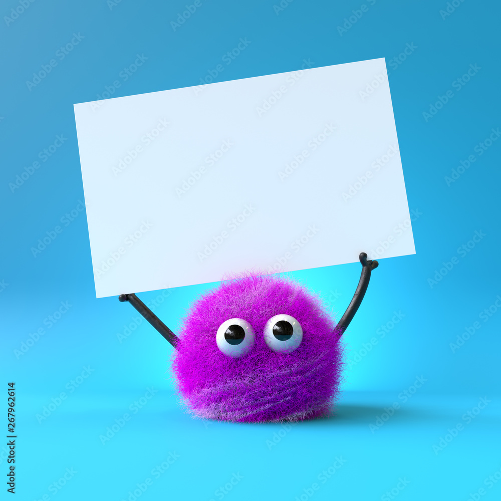 3d cute monster holding up a blank sign,colorful cartoon character ...