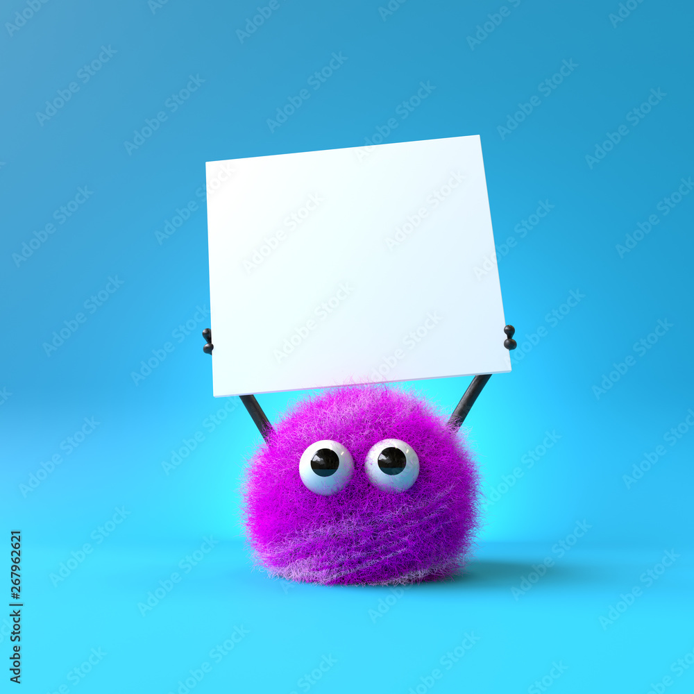 3d cute monster holding up a blank sign,colorful cartoon character ...