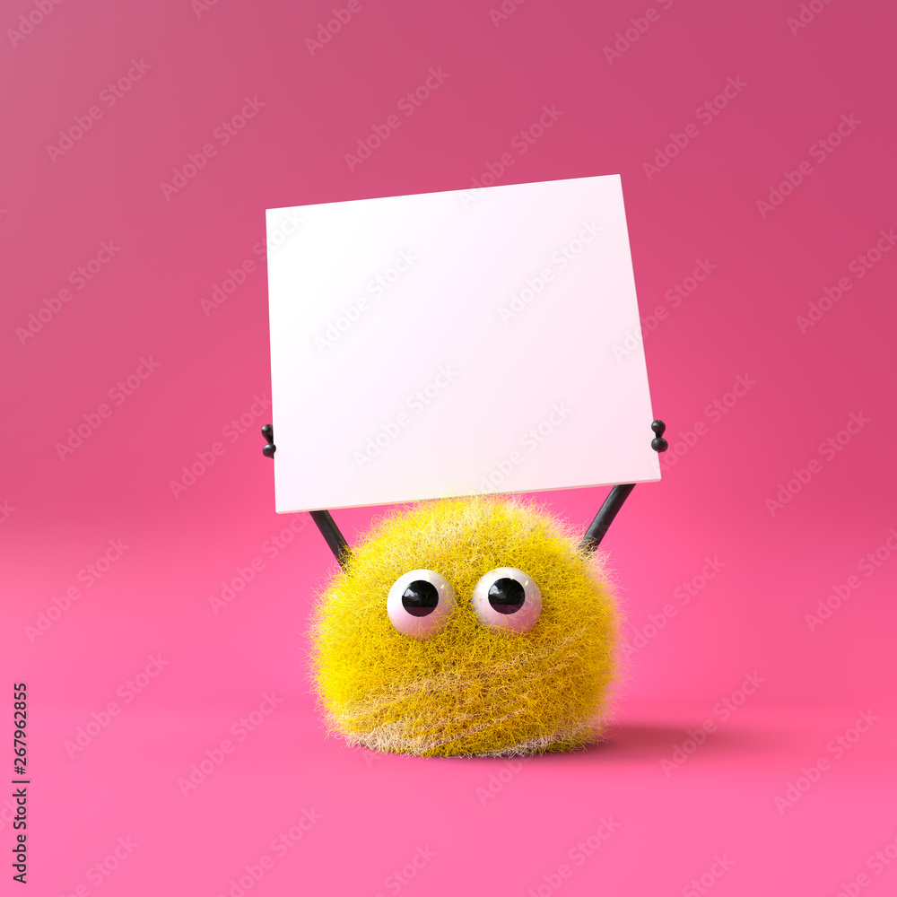 3d cute monster holding up a blank sign,colorful cartoon character ...