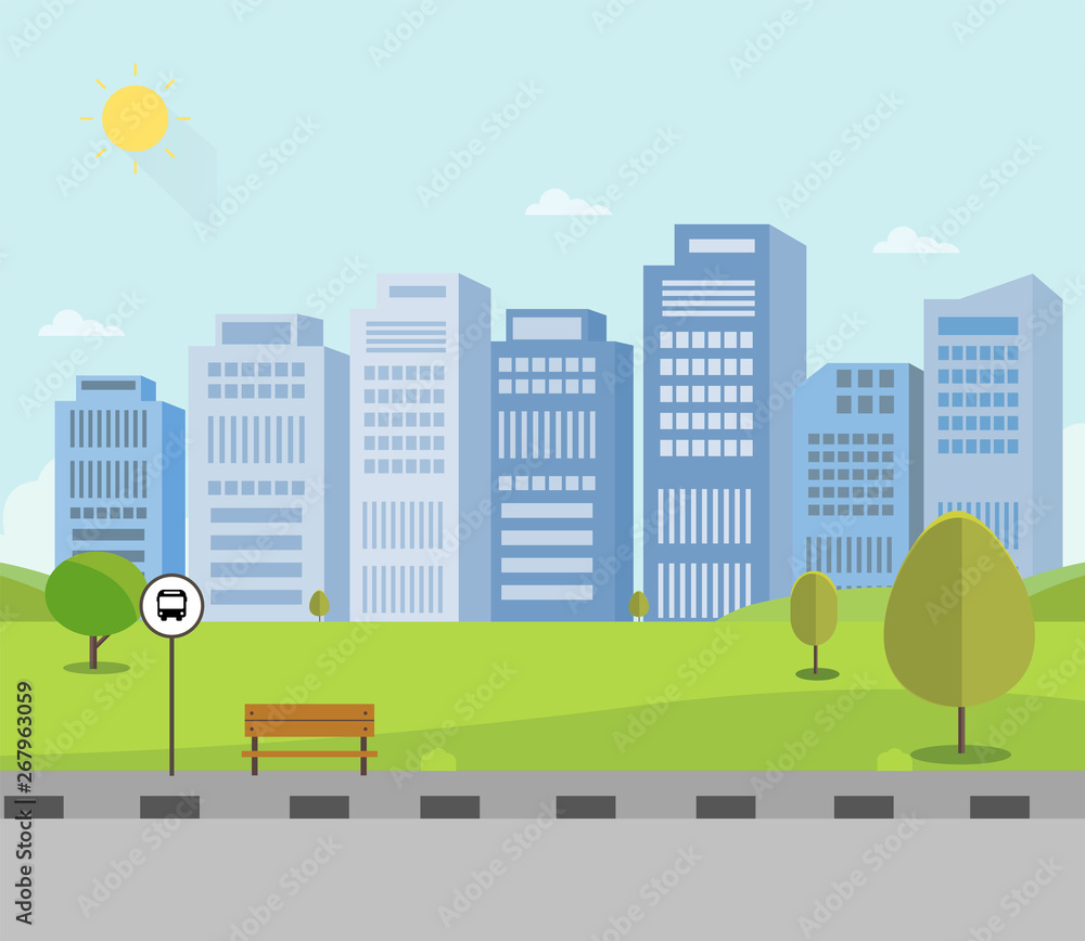 Bus stop on main street with nature park and city background.Public ...