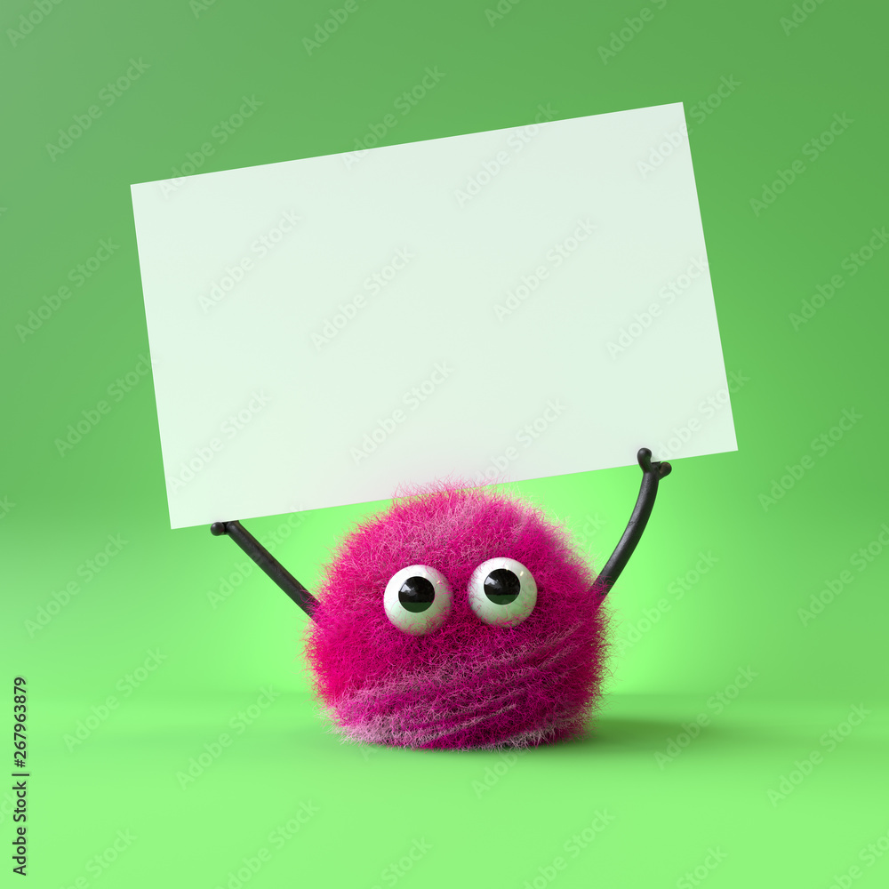 3d cute monster holding up a blank sign,colorful cartoon character ...