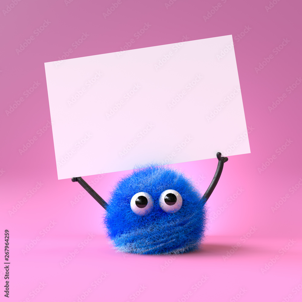 3d cute monster holding up a blank sign,colorful cartoon character ...