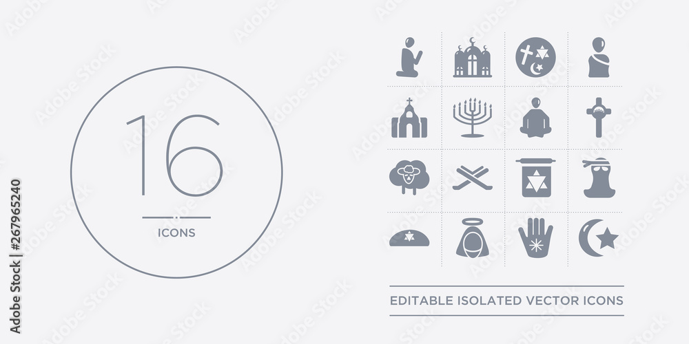 16 vector icons set such as islam, jainism, jesus, jewish, jihad ...