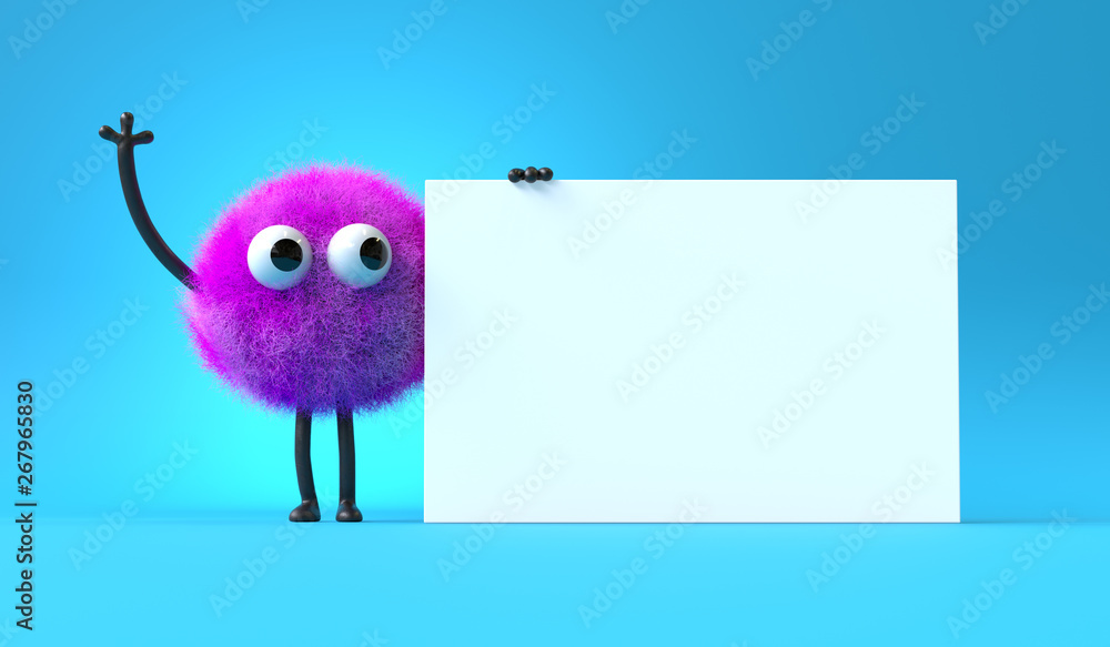3d cute monster holding up a blank sign,colorful cartoon character ...