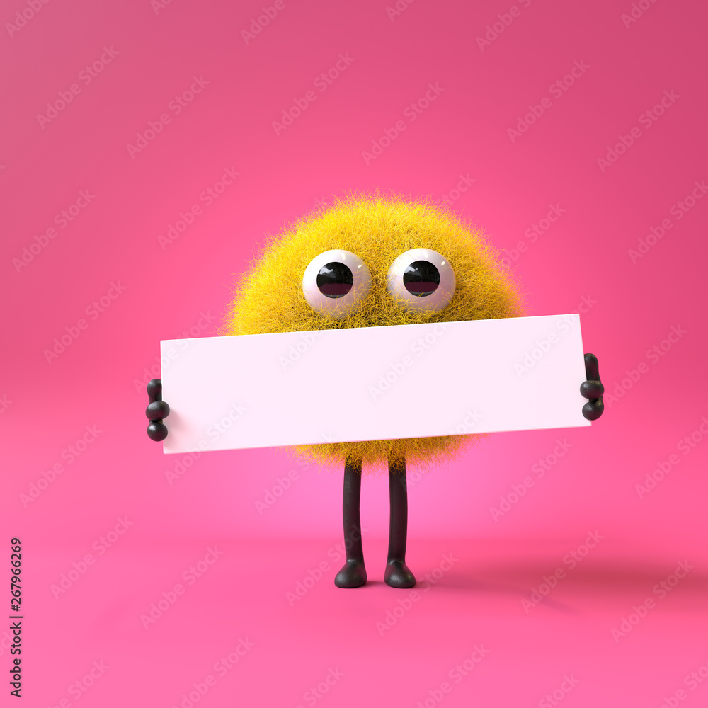 3d cute monster holding up a blank sign,colorful cartoon character ...