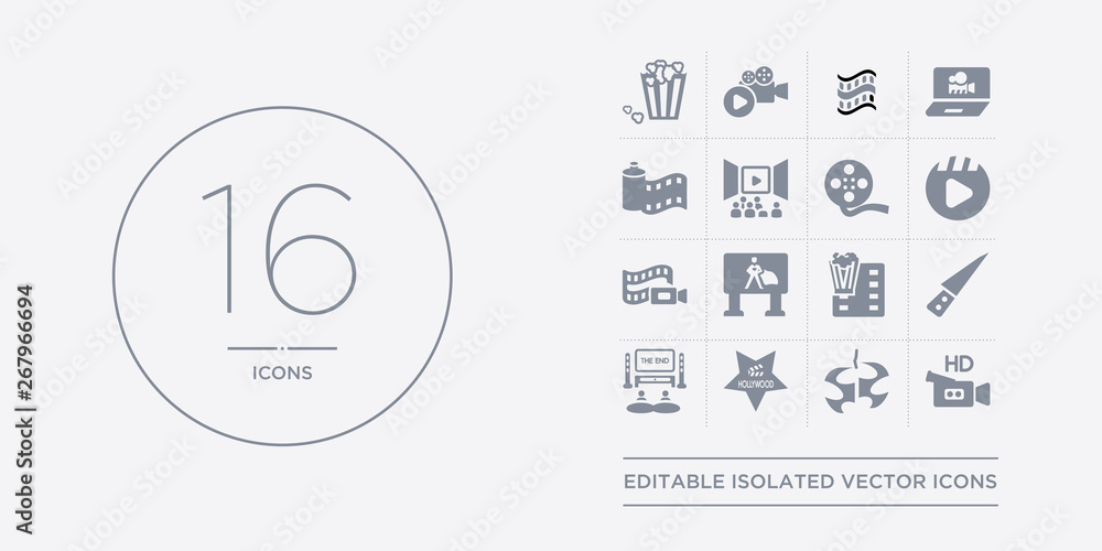 16 vector icons set such as hd movie, hitman, hollywood star, home ...