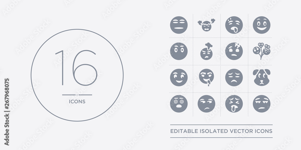 16 vector icons set such as disappointed emoji, disgusted emoji ...