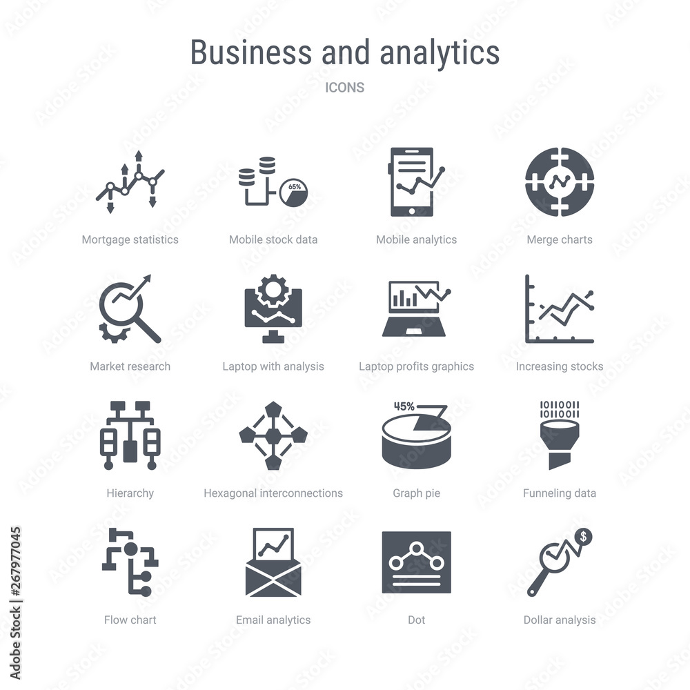 set of 16 vector icons such as dollar analysis bars, dot, email analytics, flow chart, funneling ...