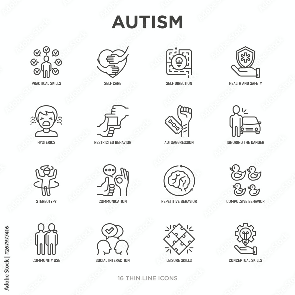 Autism symptoms and adaptive skills thin line icons set: repetitive ...