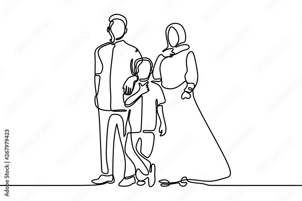 One line drawing muslim Family islamic religion of father, mother, and ...