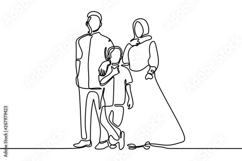 One line drawing muslim Family islamic religion of father, mother, and ...