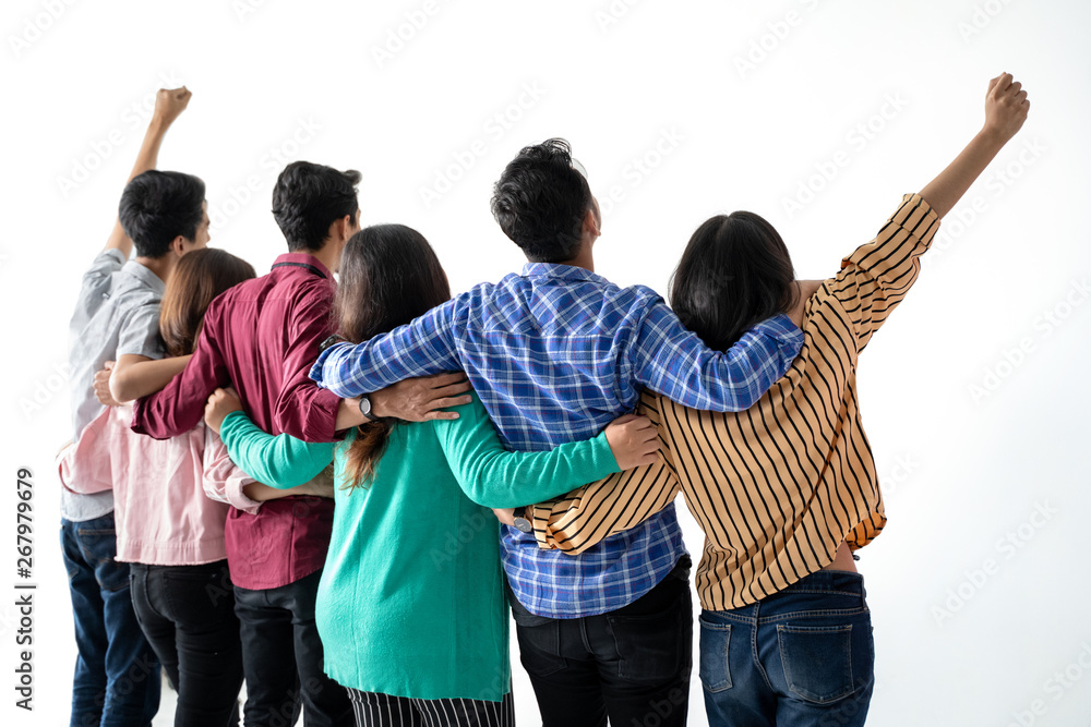 back view of friend holding hands and hug each other over white ...
