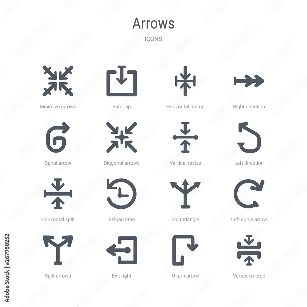 set of 16 vector icons such as vertical merge, u turn arrow, exit right, split arrows, left ...