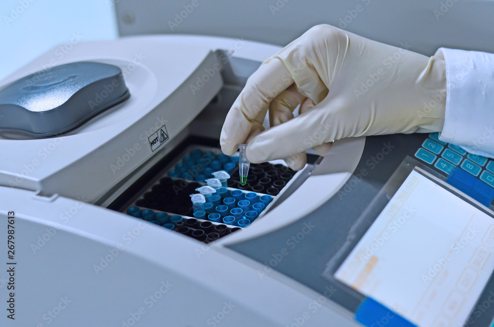 Scientist holding PCR tube put into PCR machine Stock Photo | Adobe Stock