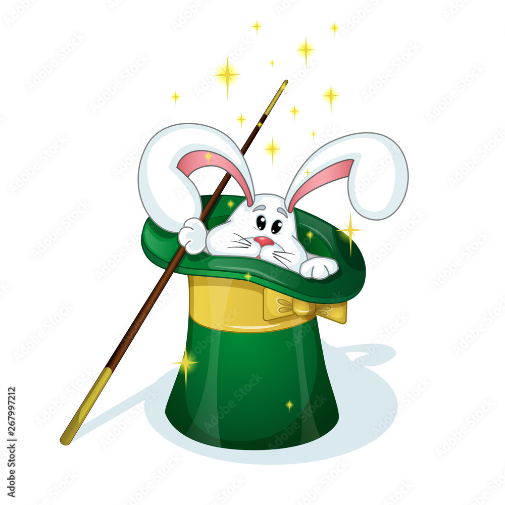 A cute white rabbit looks out from the green hat of the magician. Magic ...