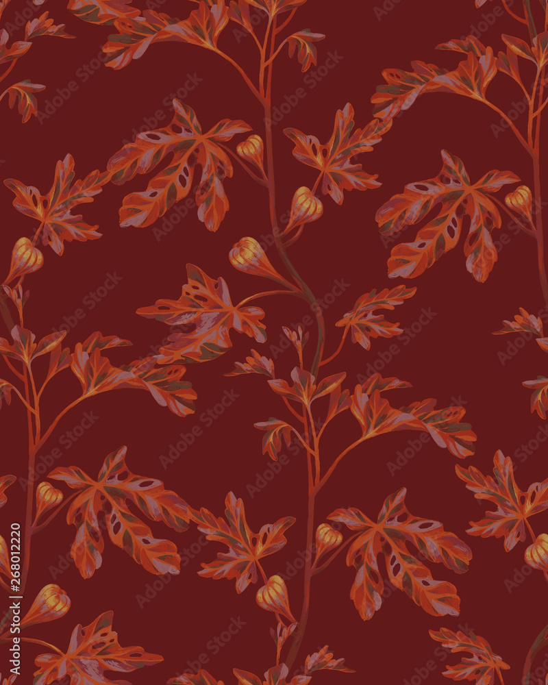 Botanical seamless pattern with fig fruits on a branch. Fiddle leaf fig ...