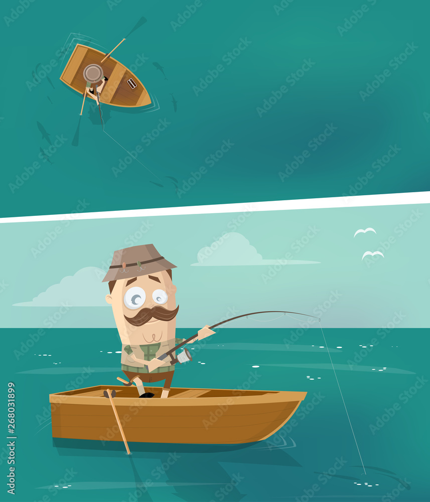 cartoon man in fishing boat in different perspectives Stock Vector ...