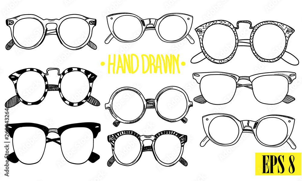 Glasses. A set of images. Drawing by hand in vintage style. Points of ...