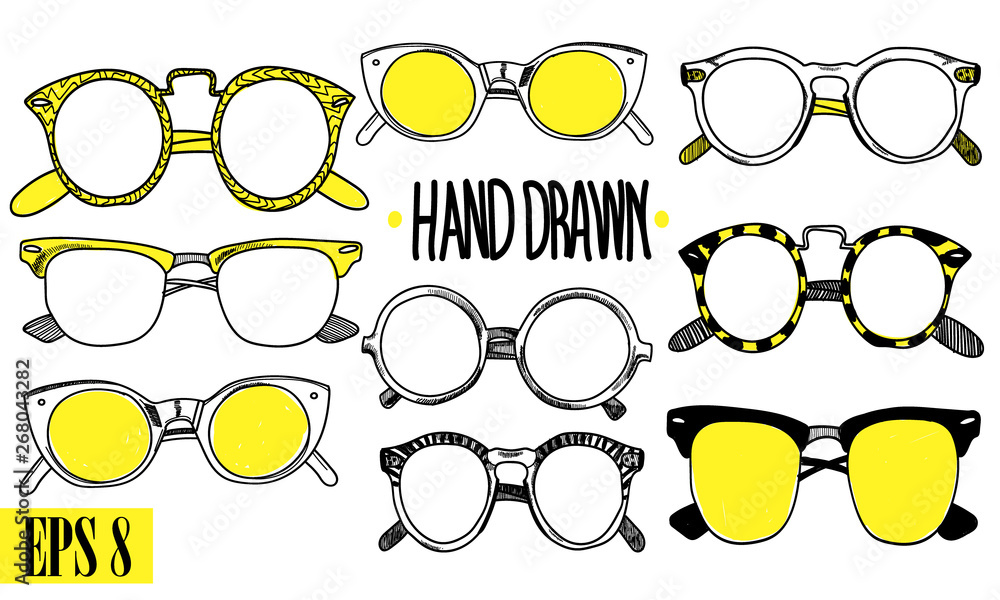 Glasses. A set of images. Drawing by hand in vintage style. Points of ...