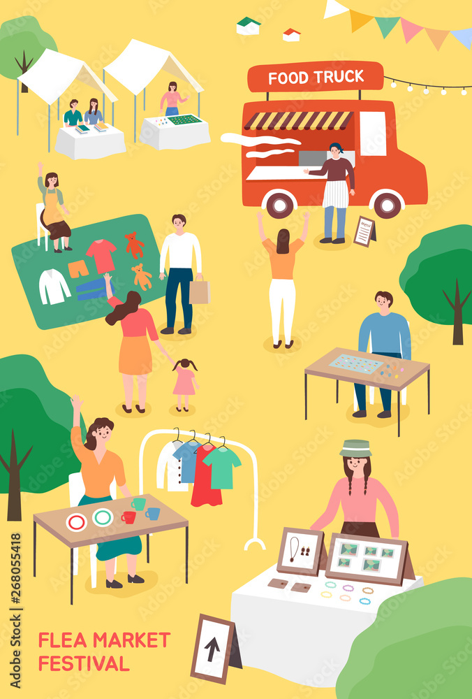 Flea market festival. Poster template for outdoor festival. Flat ...