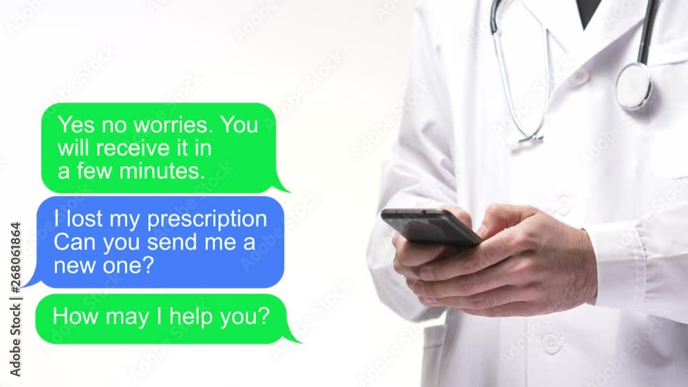 Doctor using a smartphone to text a patient. Messaging bubbles ...