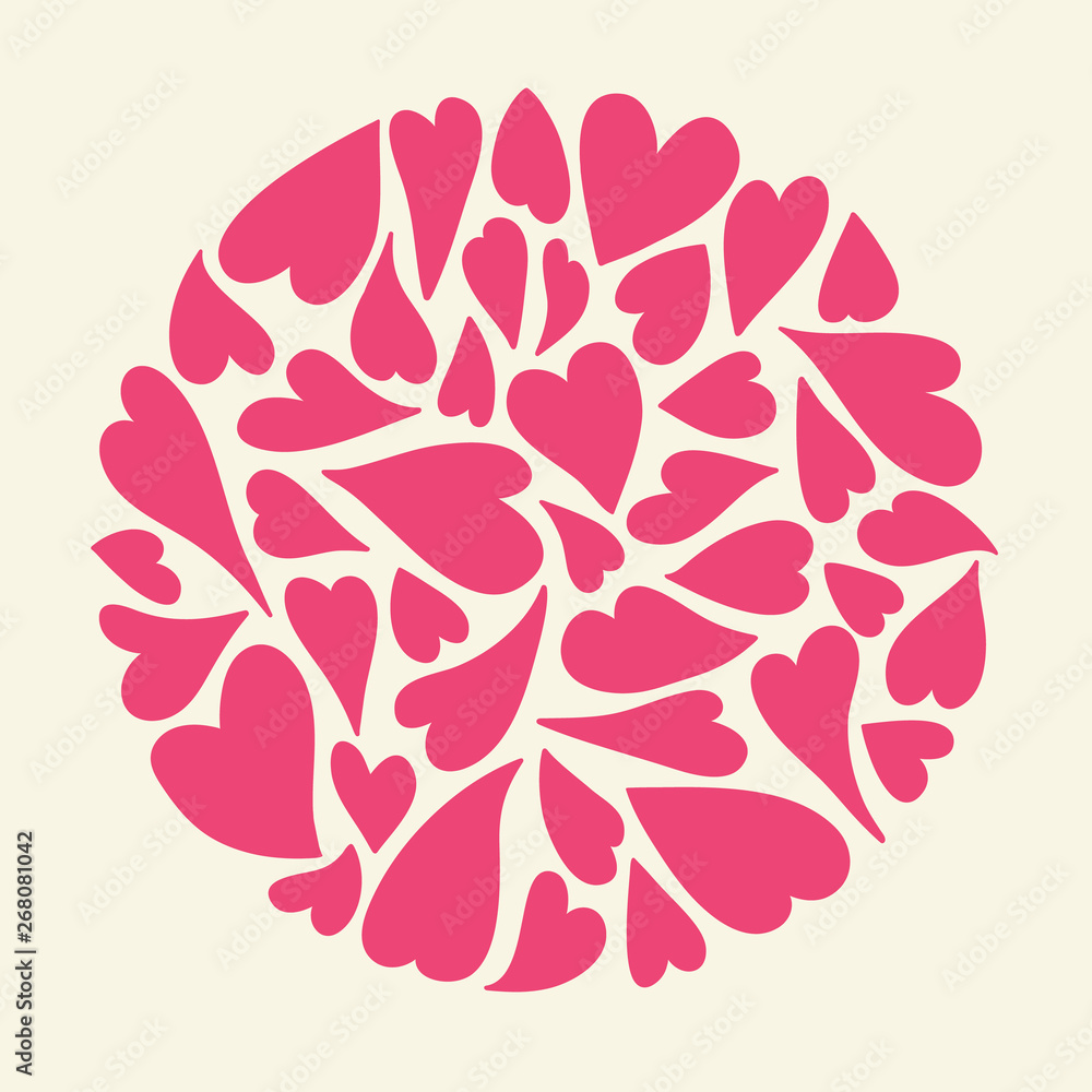 Hand drawn red tossed hearts in a circle shape illustration. A romantic ...