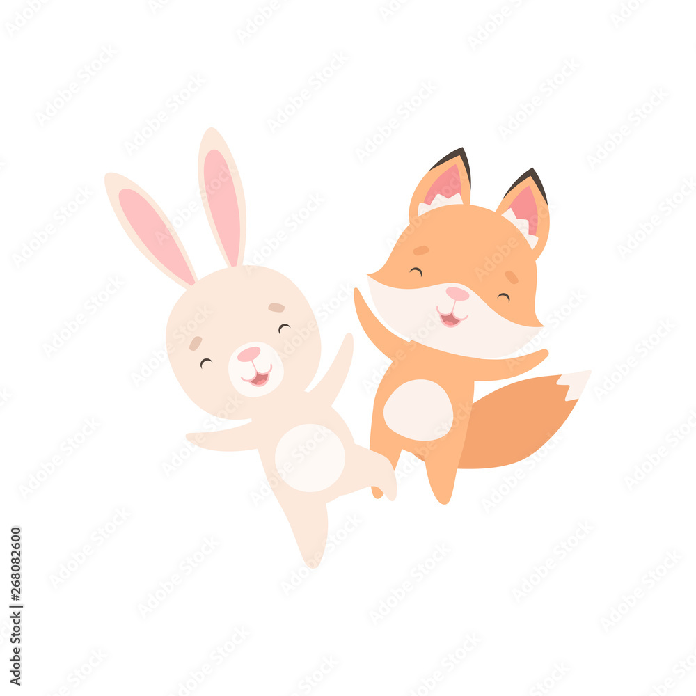 Lovely White Little Bunny and Fox Cub Happily Jumping, Cute Best ...