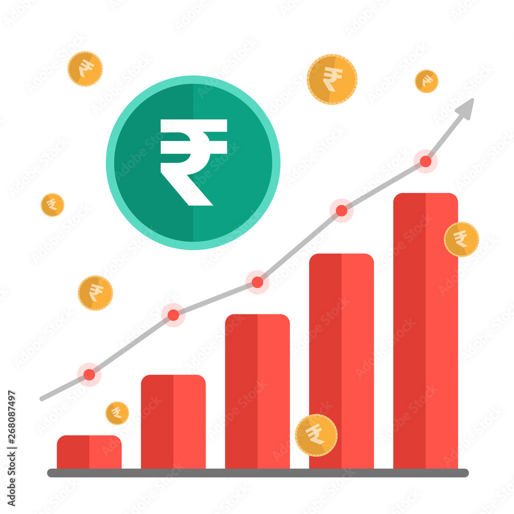 Growing money concept. Indian Rupee sign with chart, rising arrow and ...