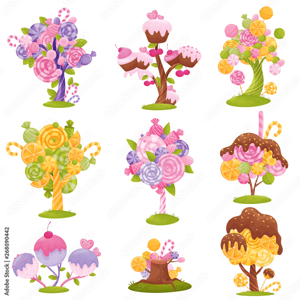 collection of magical trees and bushes with candy, lollipops and ice ...