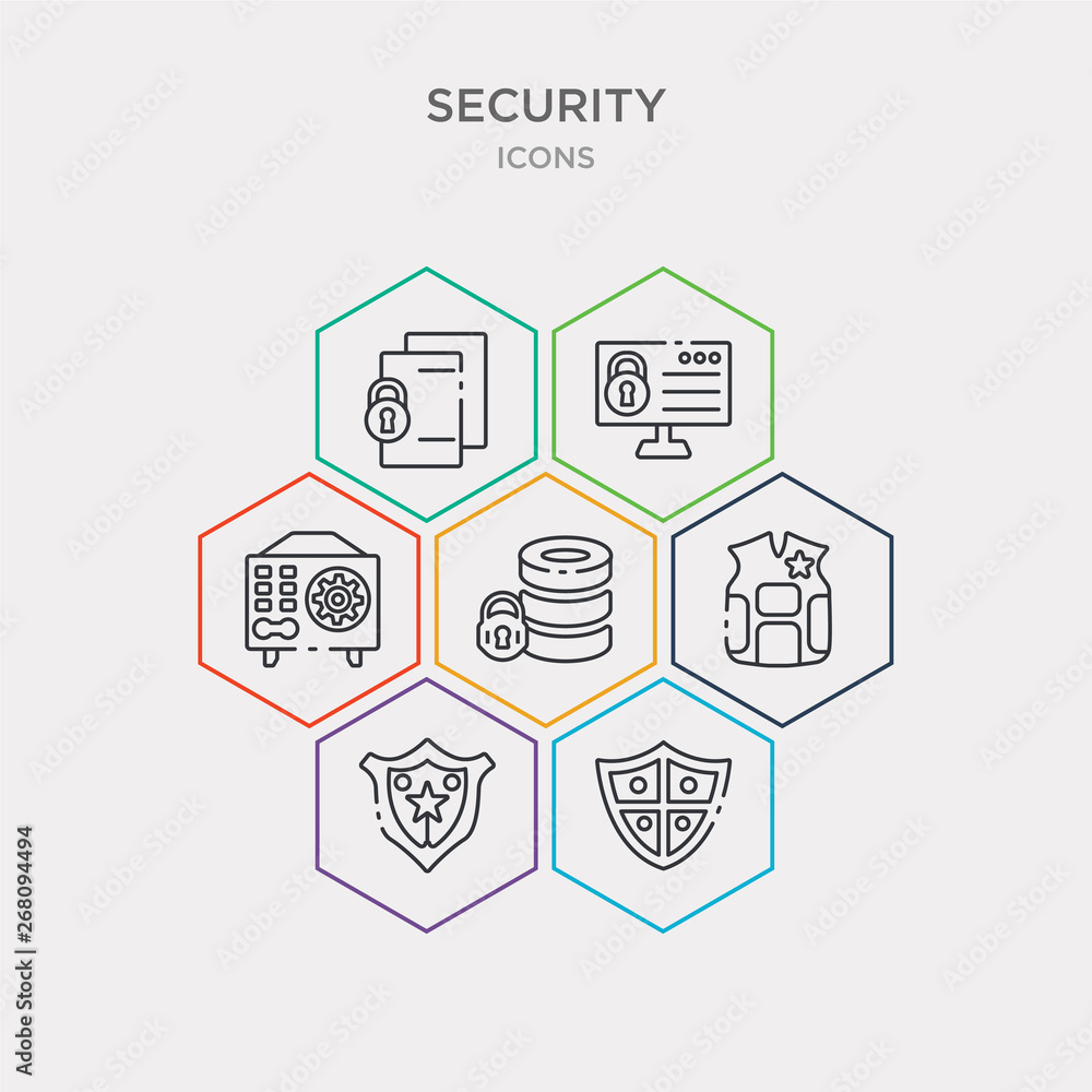 simple set of black shield, police shield, bullet proof vest, secure database icons, contains ...