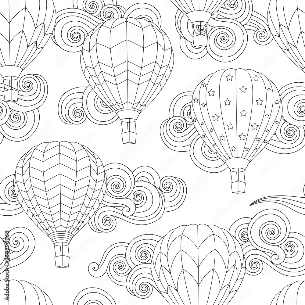 Seamless pattern with image of Hot air balloon in zentangle inspired doodle style isolated on ...