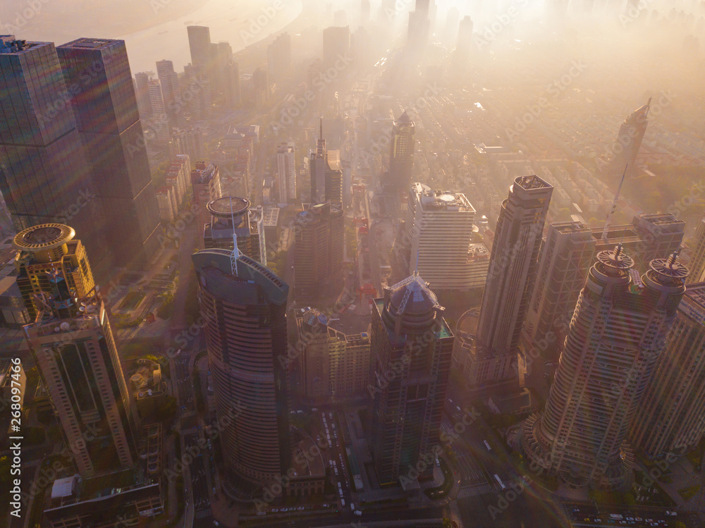 Aerial view of skyscraper and high-rise office buildings in Shanghai ...