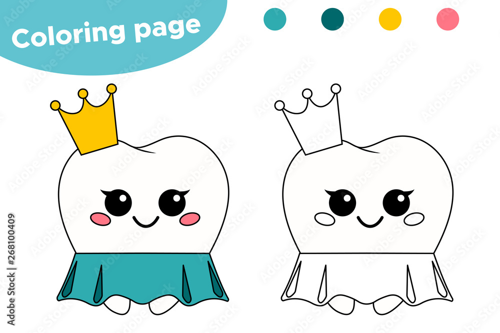 Coloring page for children about dental hygiene. Cute kawaii cartoon ...