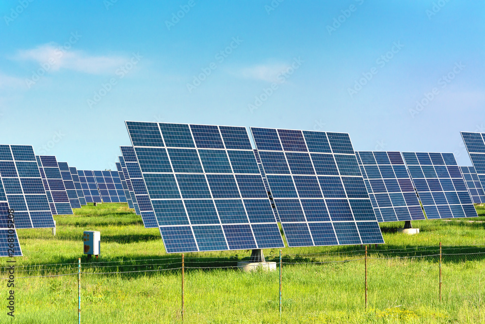 Solar station. Field with solar panels for the production of natural ...
