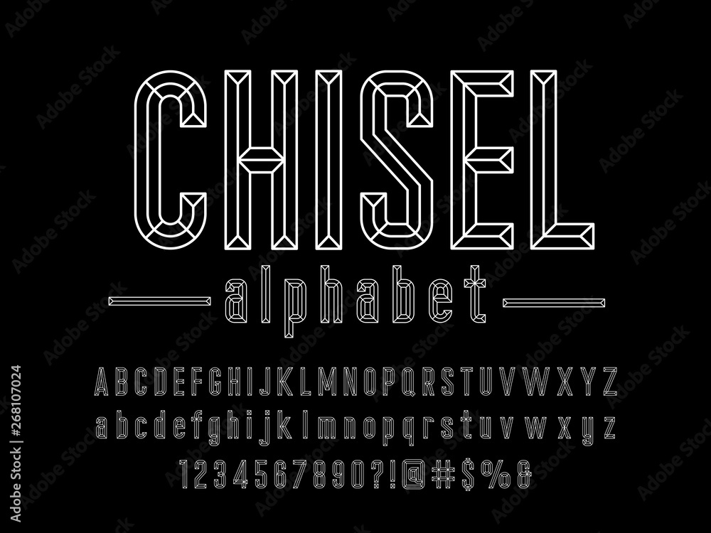 Chisel style alphabet design with uppercase, lowercase, number and ...