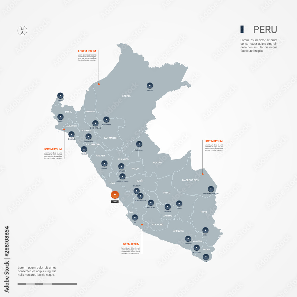 Peru map with borders, cities, capital and administrative divisions ...
