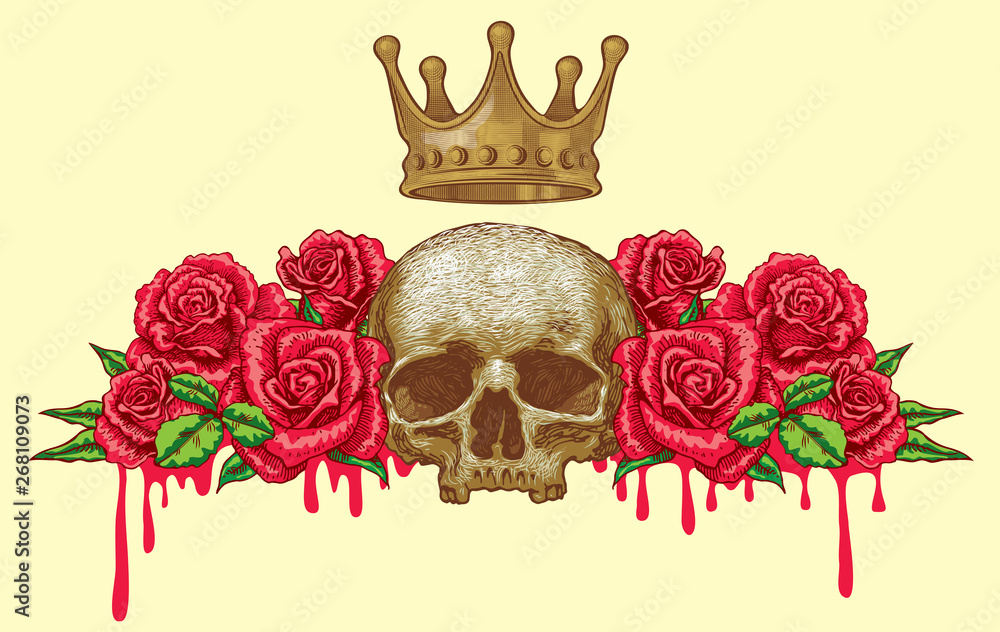 vector image of a skull with roses sketch for tattoo guns ribbons with ...