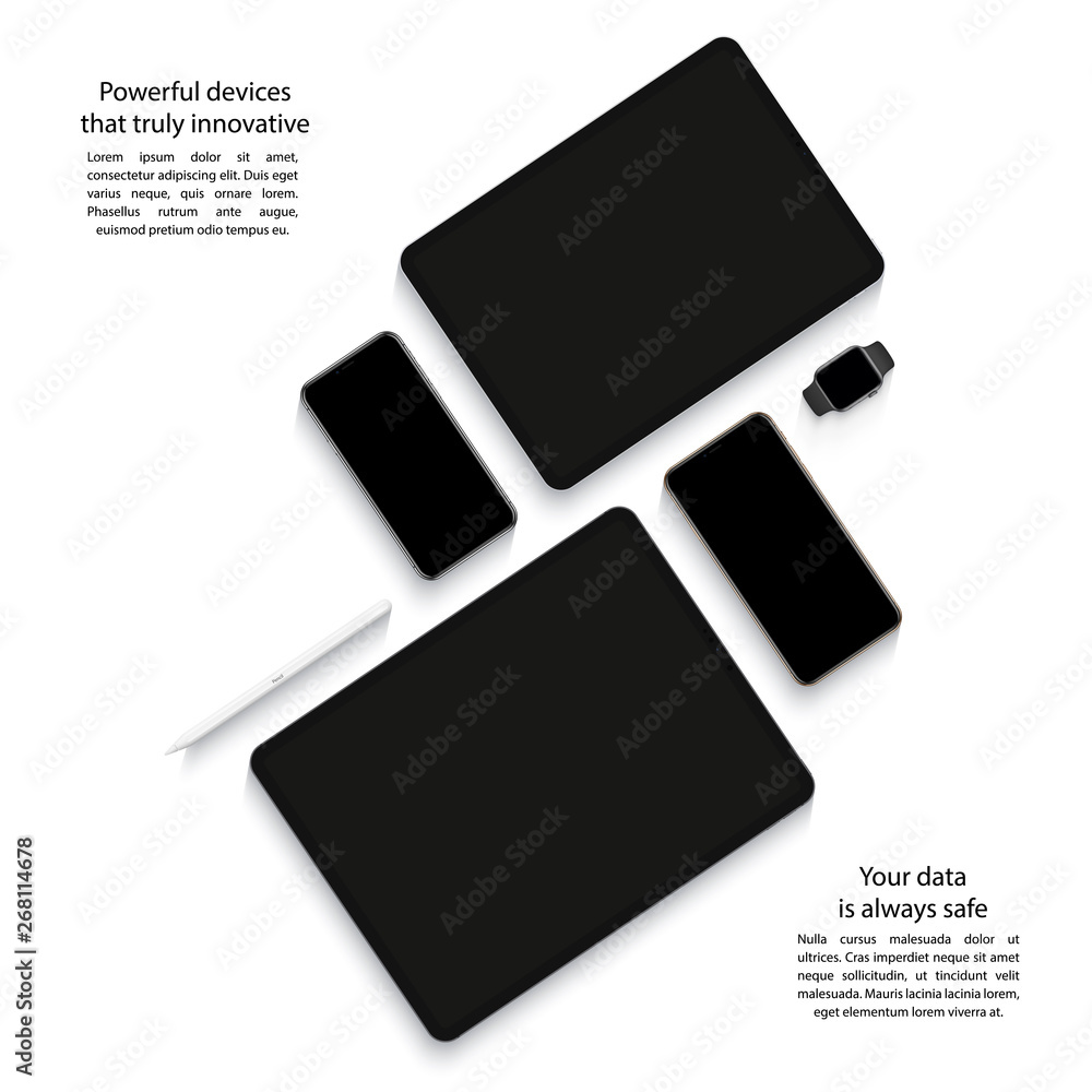 devices mockup: smartphones, tablets and smart watch with black screen ...