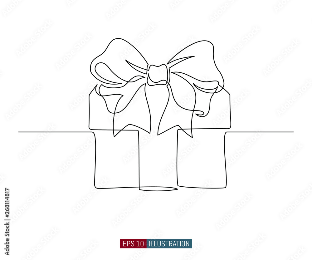 Continuous line drawing of gift box with ribbon bow. Template for your ...