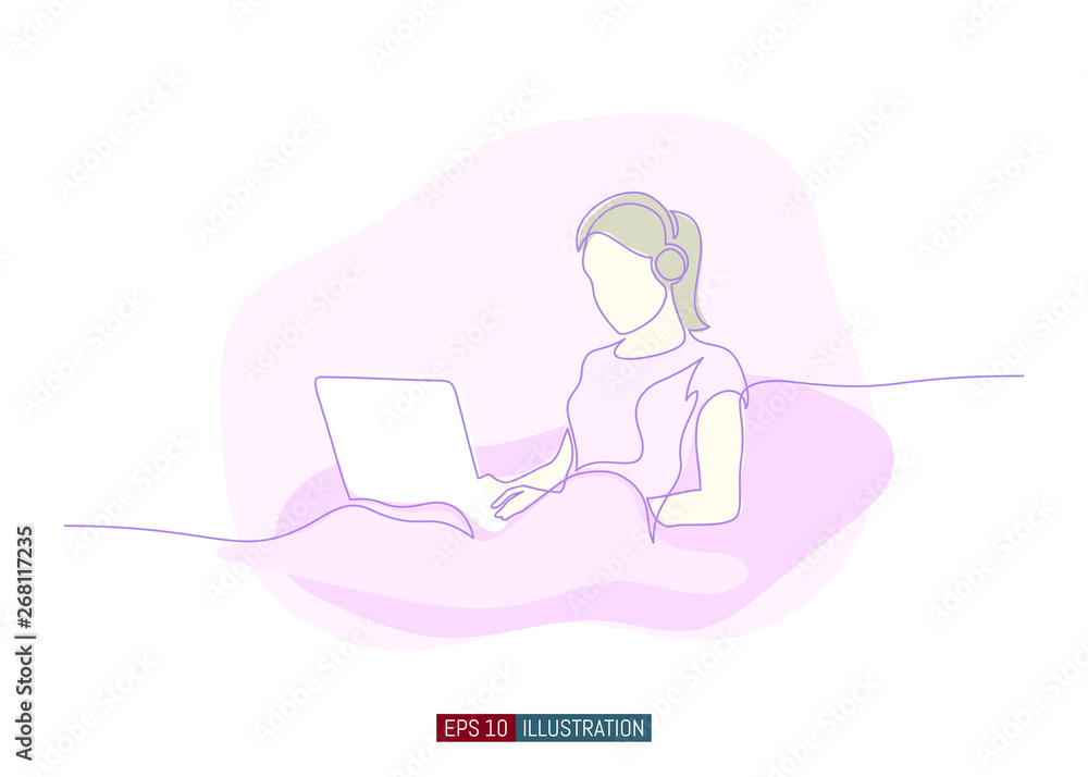 Continuous line drawing of girl with laptop. Template for your design ...