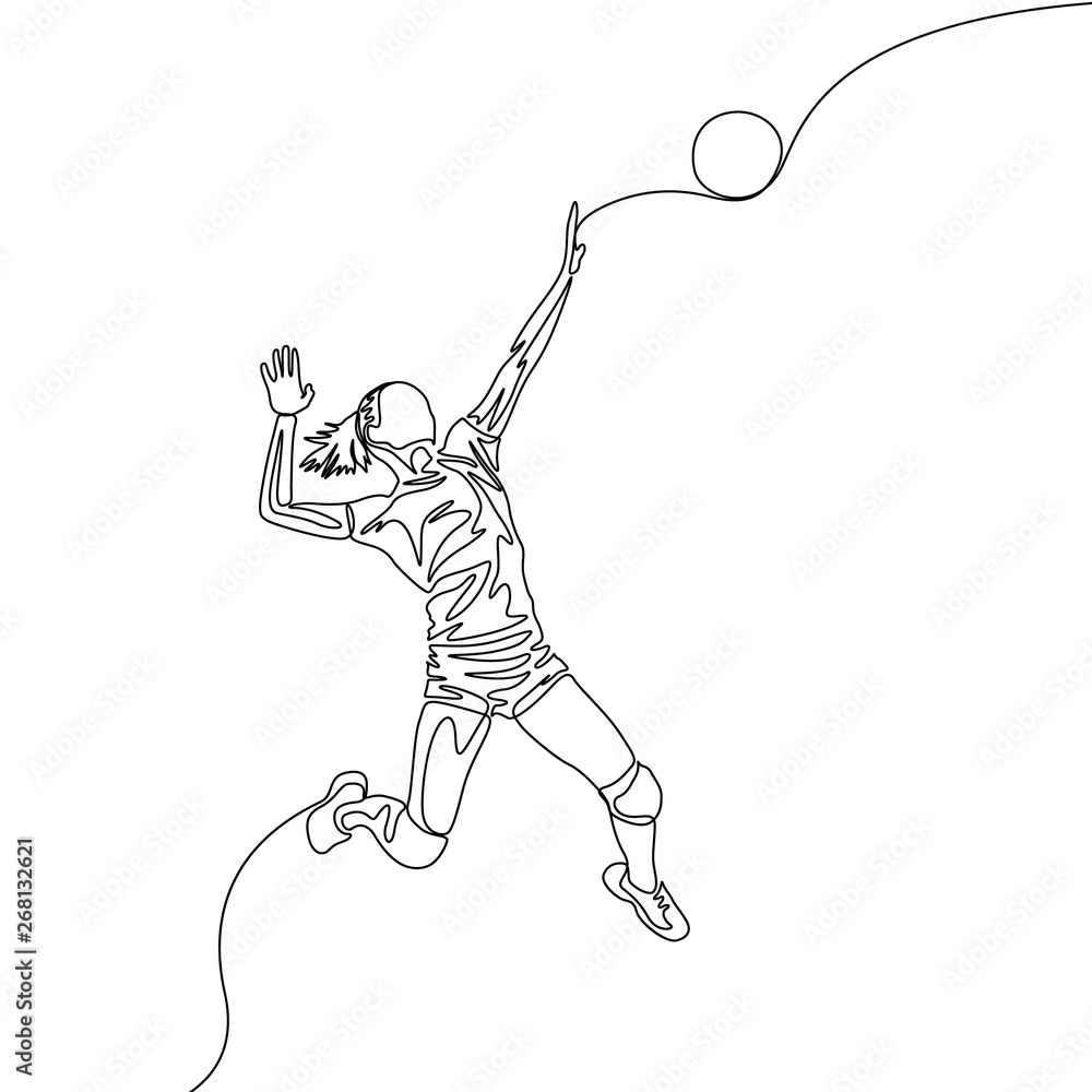 Continuous one line volleyball player woman jumps to throw the ball ...
