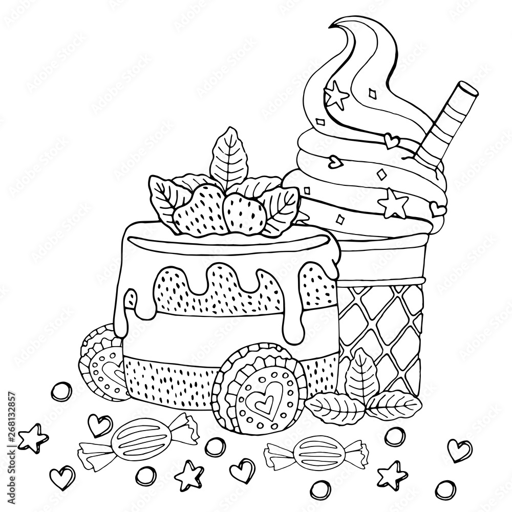 Coloring page with cake, cupcake, candy, ice cream and other dessert ...