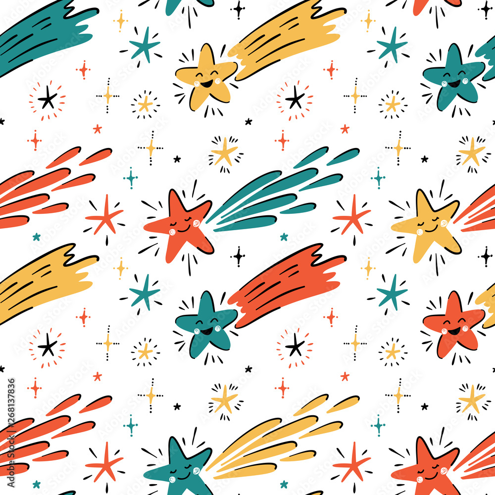 Cartoon Comet Vector Seamless Pattern for Kids. Little Cute Falling ...