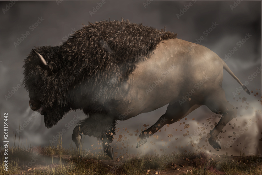 An American Bison in profile. This buffalo is running and kicking up ...