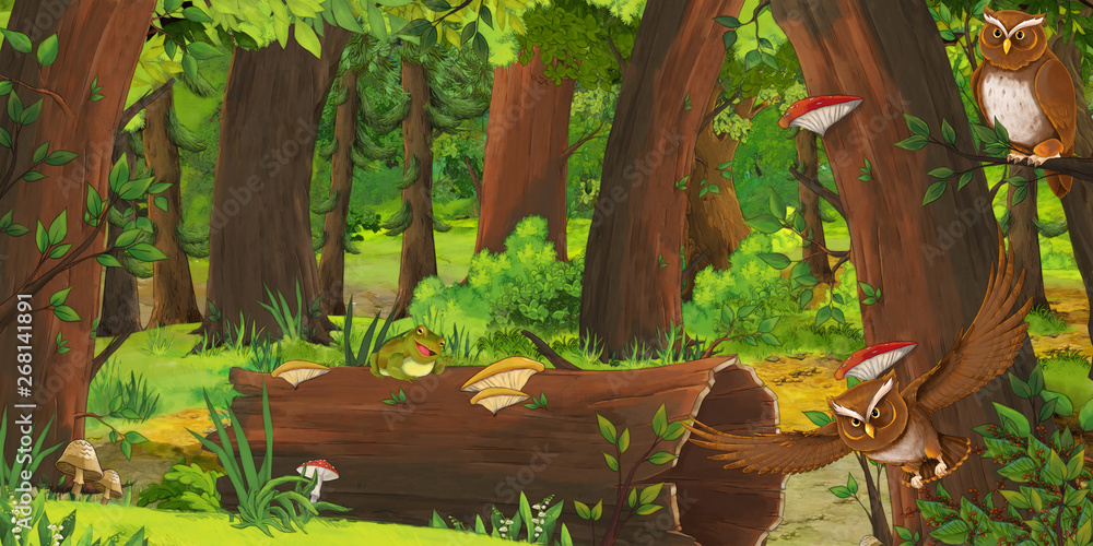 cartoon scene with happy frog in the forest encountering pair of owls ...