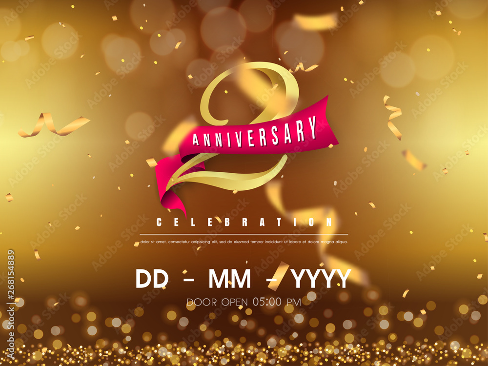 2 years anniversary logo template on gold background. 2nd celebrating ...